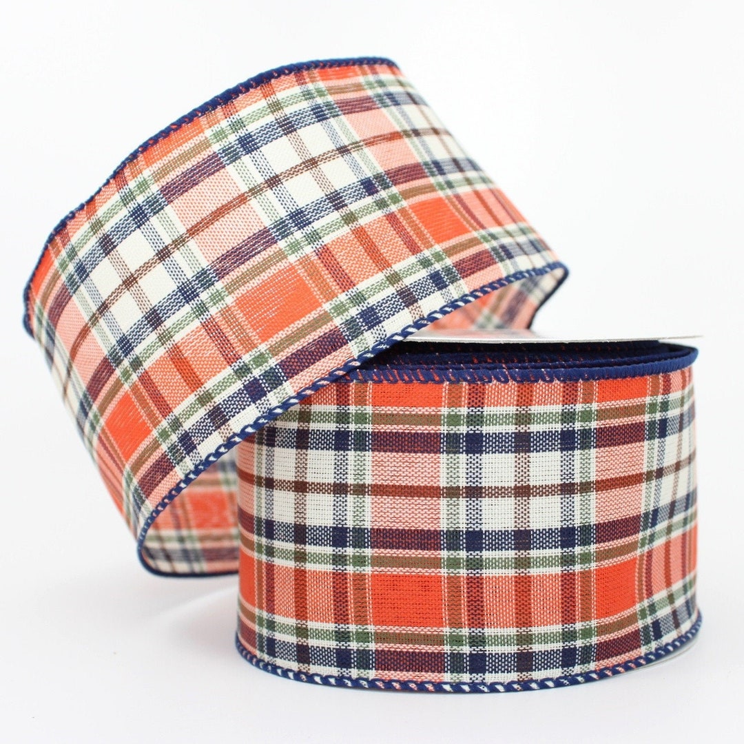 10 Yards Burnt Orange Navy Fall Plaid Wired Ribbon - Fall Wired Ribbon ...