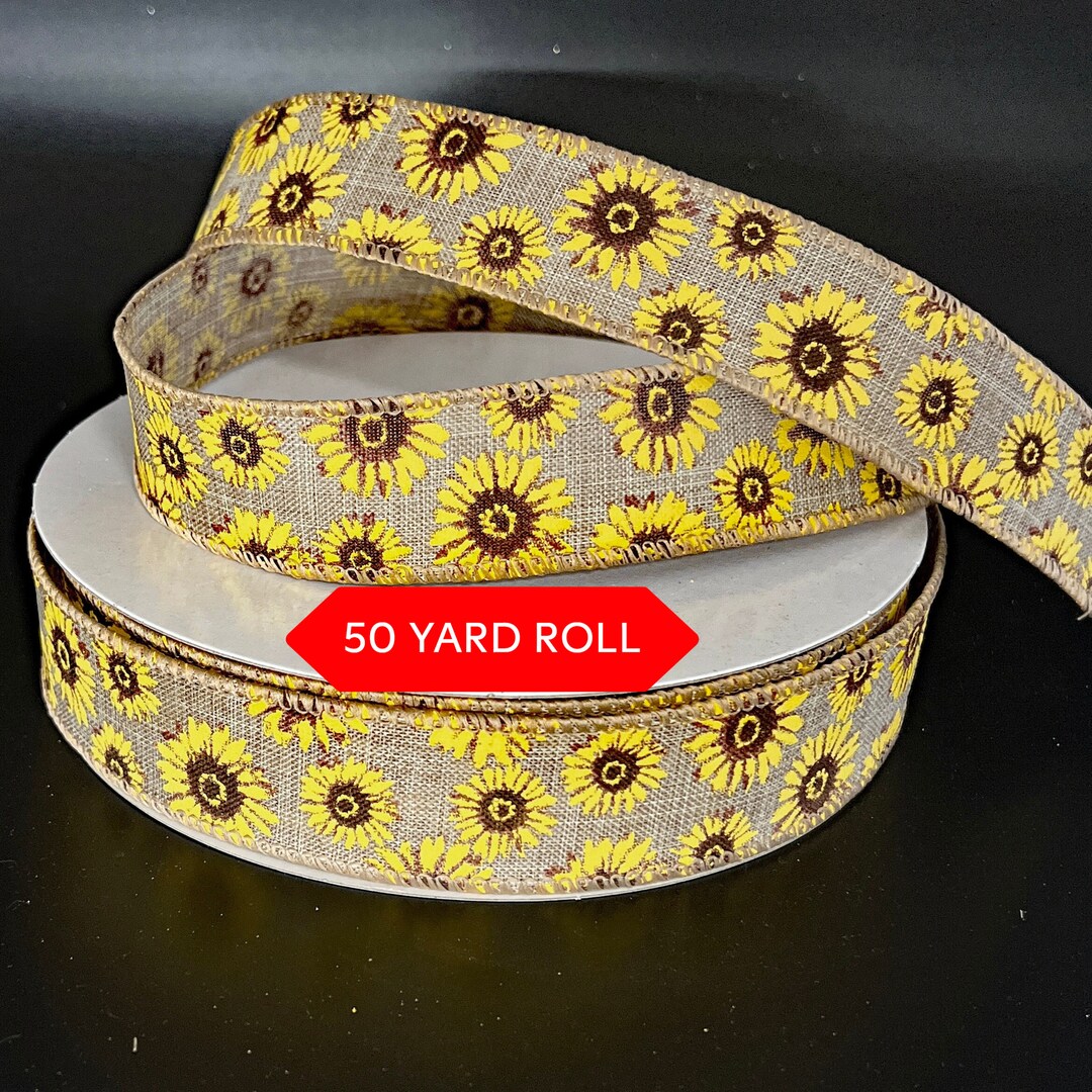50 Yards Natural Yellow Sunflower Wire Edge Ribbon - Sunflower Wired ...