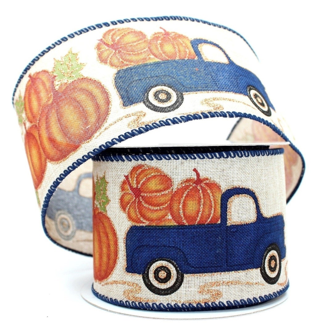 10 Yards Blue Truck Pumpkin Patch Fall Wired Ribbon - Pumpkin Wired ...