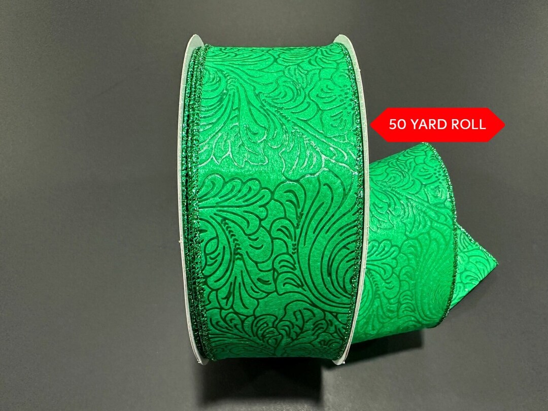 50 Yards Emerald Embossed Weatherproof Christmas Wired Ribbon ...