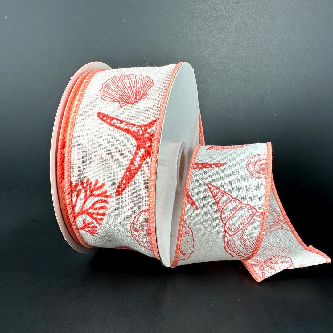 10 Yards Ivory Coral Beach Icons Wired Ribbon - Tropical Ribbon, Beach ...