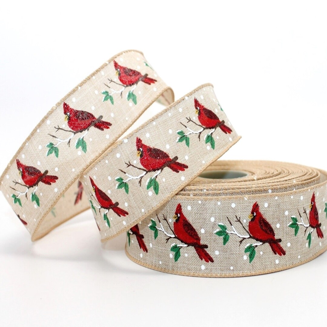 Red Cardinal on Branch Christmas Wired Ribbon 3 Yards Ribbon, Cardinal ...