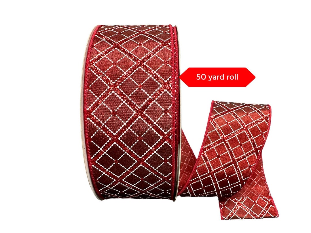 50 Yards Burgundy Red Sparkle Diagonal Diamond Christmas Wired Ribbon ...
