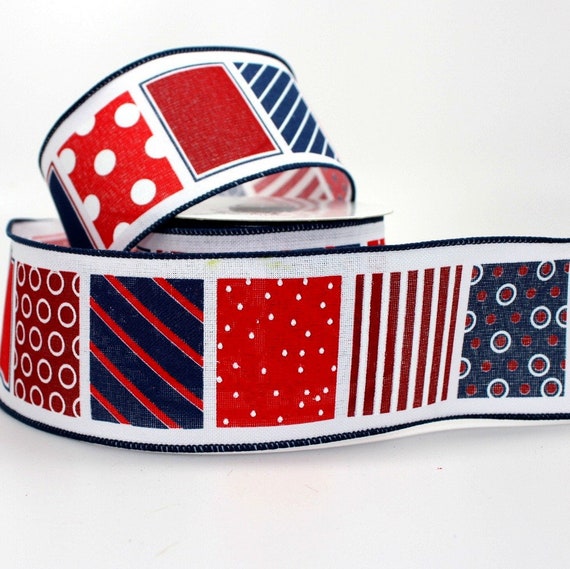 10 yards Patriotic Blocks Wire Edge Ribbon - Nautical Wire Ribbon ...