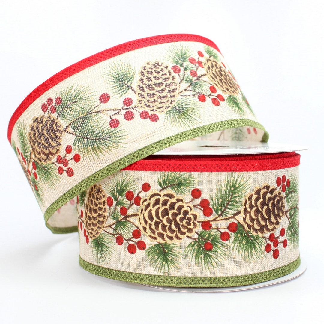 10 Yards Rustic Pinecone Berries Christmas Wired Ribbon - 2.5" Wire ...