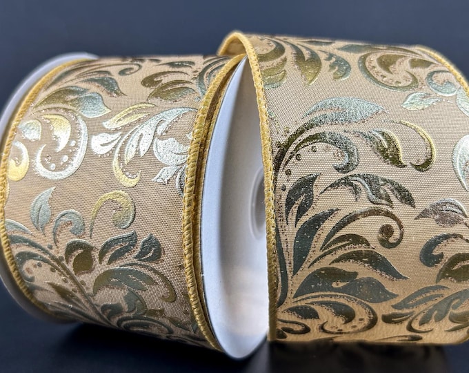 10 Yards Gold Swirl Christmas Wired Ribbon - Christmas Ribbon, Gold ...