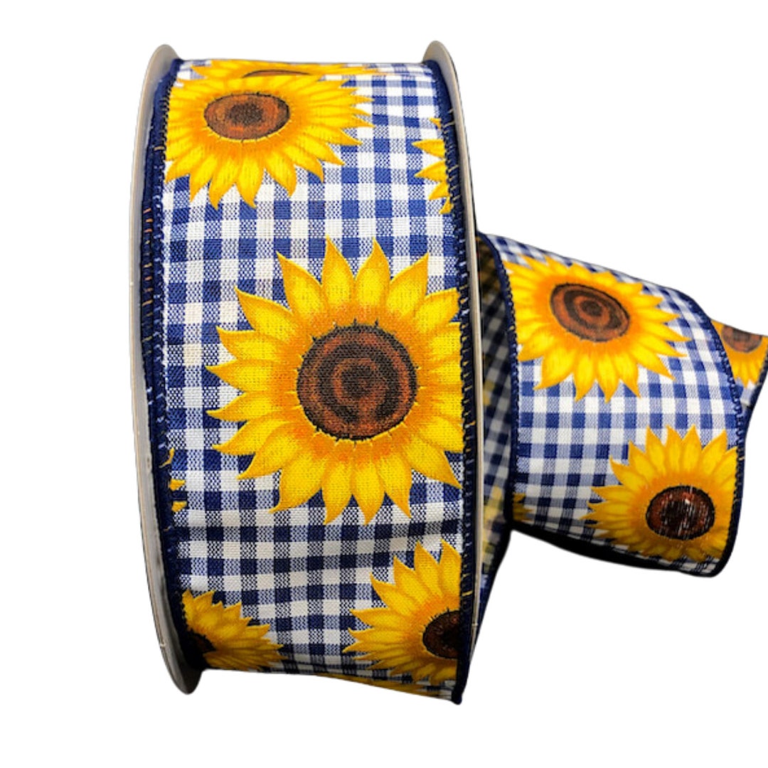 Navy White Gingham Yellow Sunflower Wire Edge Ribbon - Sunflower Wired ...