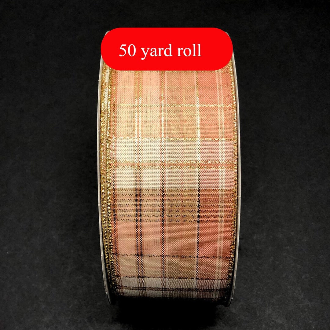 50 Yards Rose Gold Plaid Christmas Wired Ribbon - Plaid Wired Ribbon ...