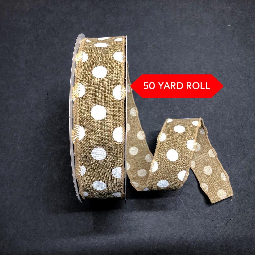 50 Yards Natural Linen White Polka Dot Wire Edge Ribbon - Spring Ribbon ...