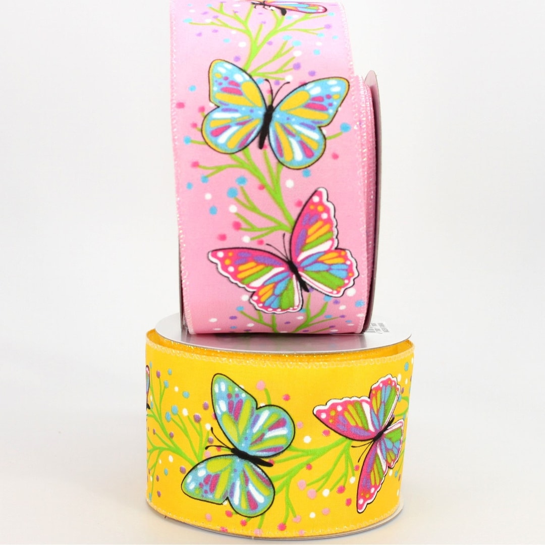 Pastel Butterflies Spring Wired Ribbon - 2.5" Wired Ribbon, 2 Color ...
