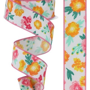 10 Yards Watercolor Floral Wired Ribbon - 7 Color Options, Floral ...