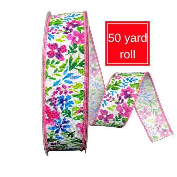50 yards Watercolor Floral Spring Wire Edge Ribbon - Floral Wire Ribbon ...