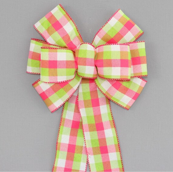 Pink Green Buffalo Plaid Spring Wreath Bow - Buffalo Plaid Easter Bow ...