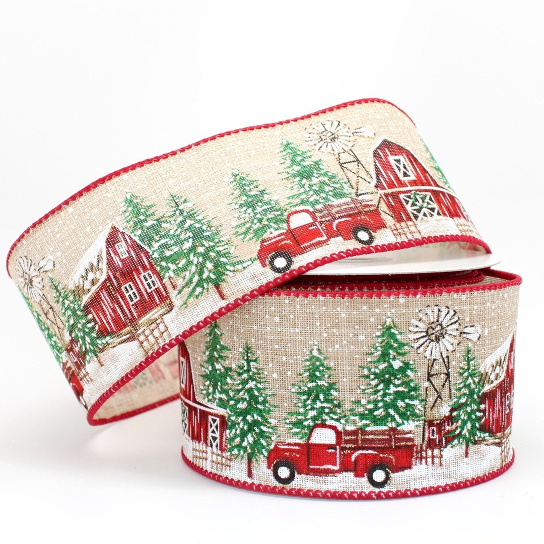 Snowy Red Barn Red Truck Rustic Christmas Wired Ribbon - Red Barn ...