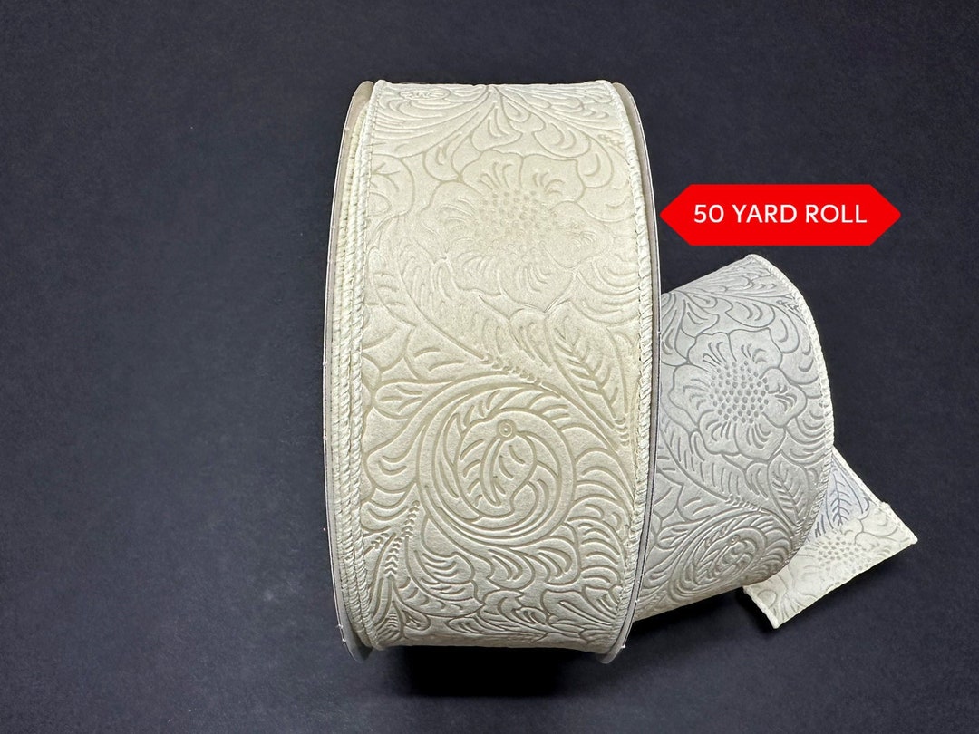 50 Yards Ivory Embossed Weatherproof Christmas Wired Ribbon Christmas ...