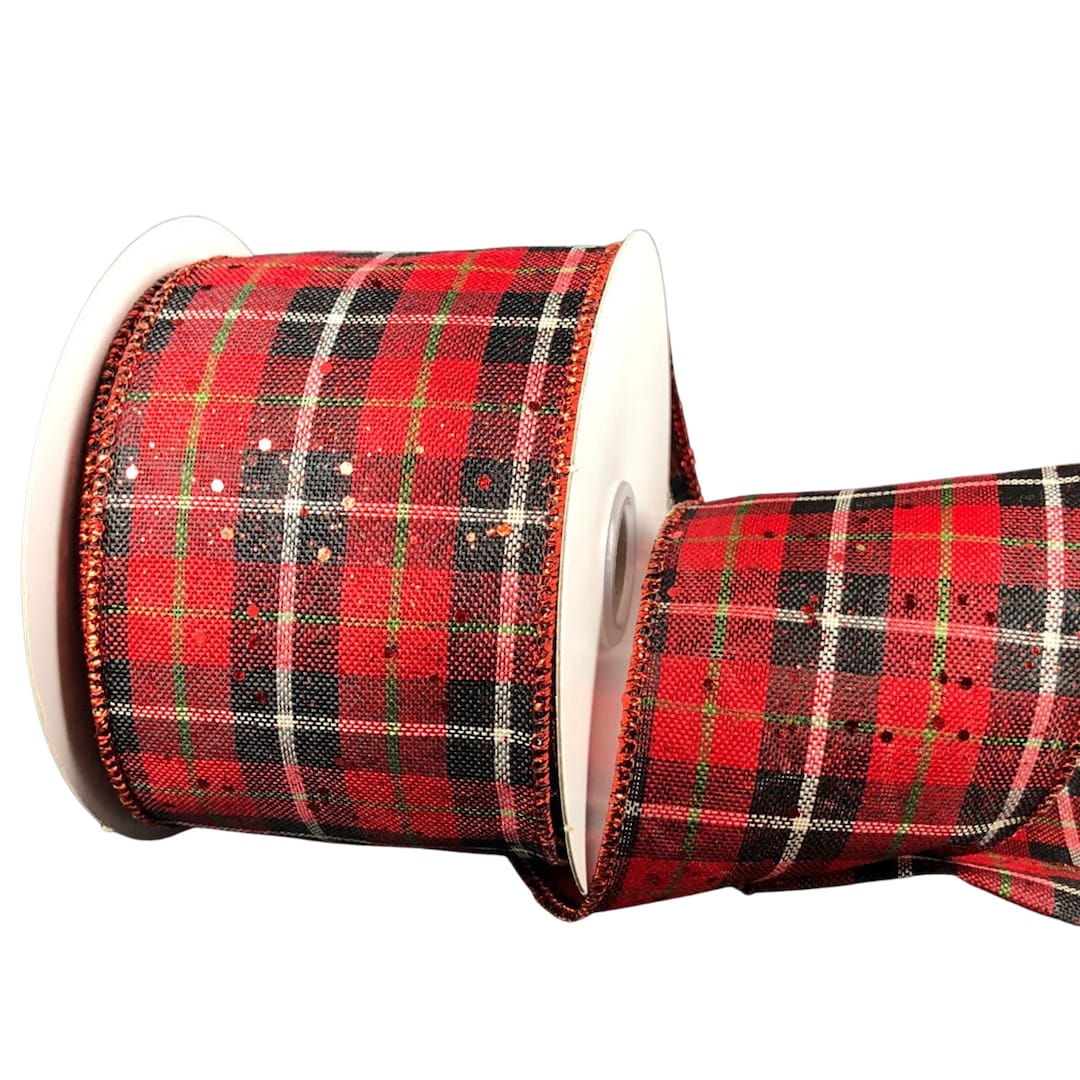 Red Black Sparkle Christmas Plaid Wired Ribbon Plaid Wired Ribbon ...