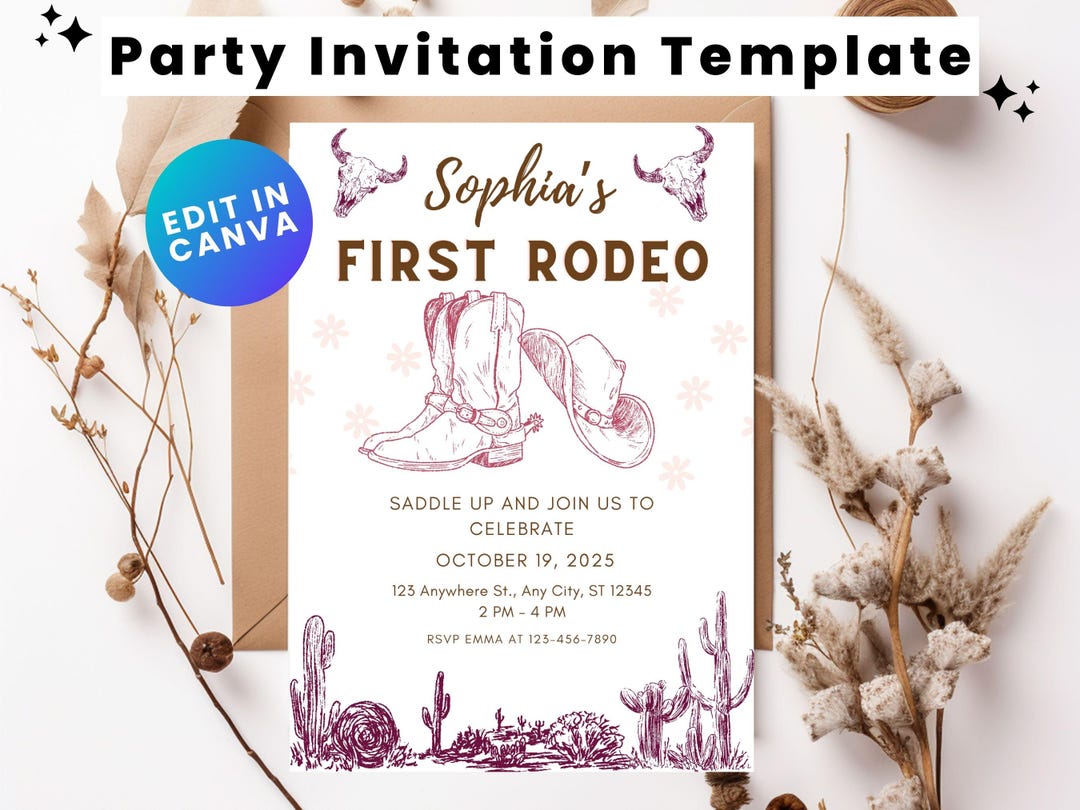 First Rodeo Birthday Party Invitation, Editable Canva Template, Rodeo ...