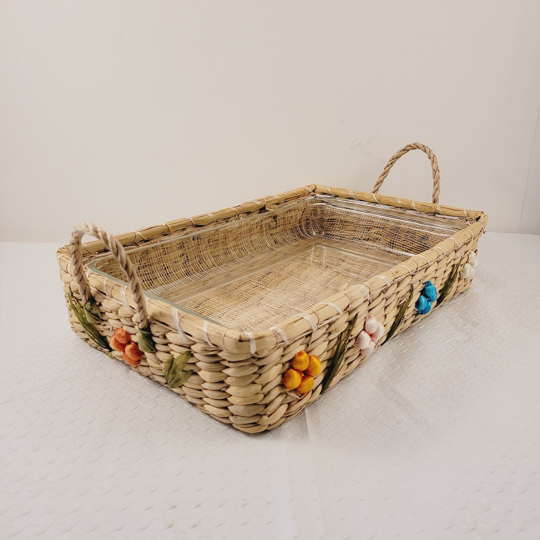 Pyrex Glass Lasagna Pan #232 With Raffia Flowered Holder - Etsy