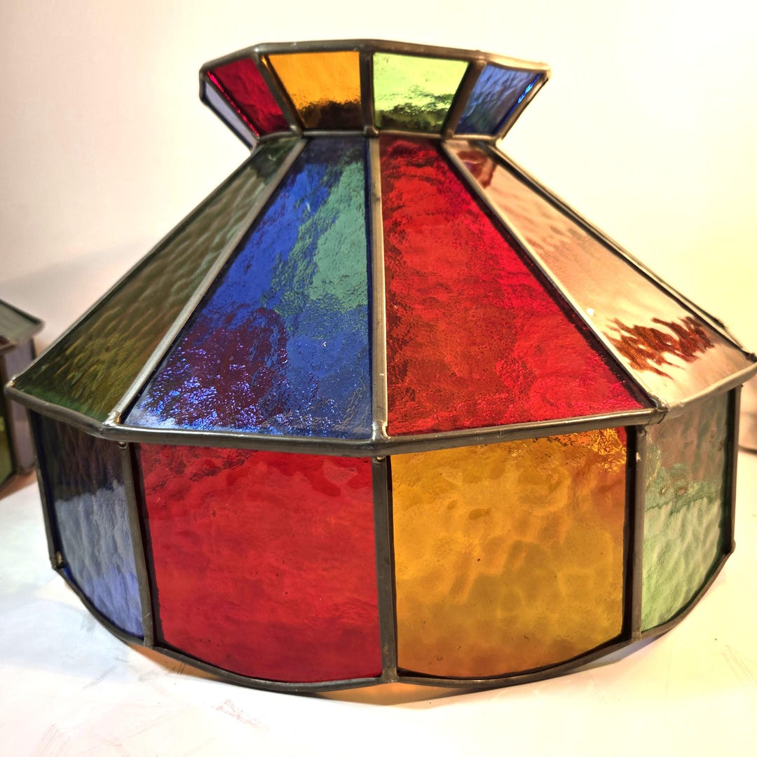 Vintage 70s Stained Glass Hanging Swag Lamp SHADE Only-red Blue Gold ...