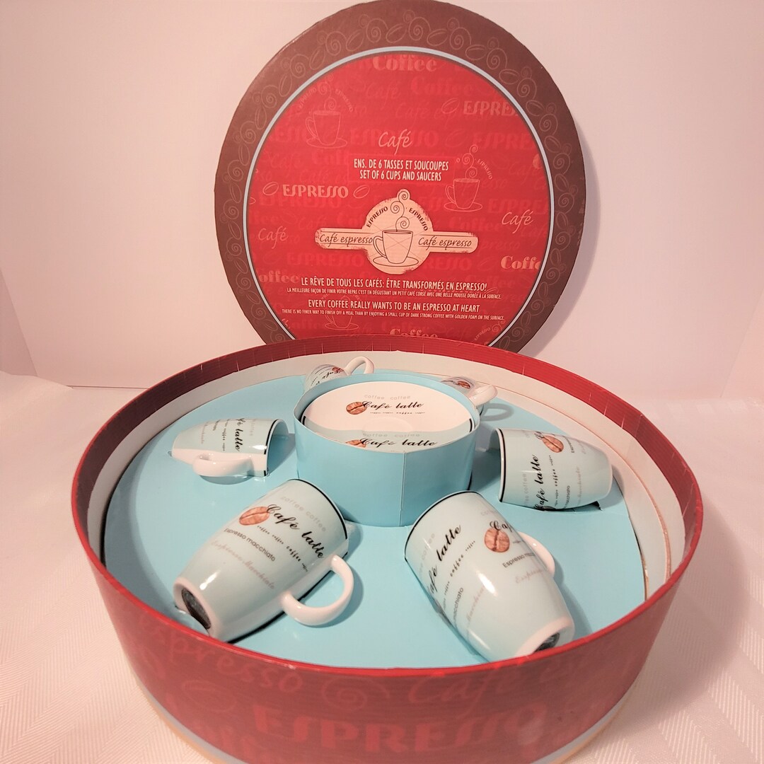 Vintage Boxed Set of 6 Turquoise Cafe Latte Espresso Cups and Saucers ...