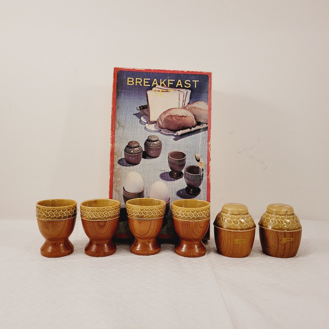 Vintage Breakfast Egg Cups and Salt and Pepper Set, Wood and Ceramic ...