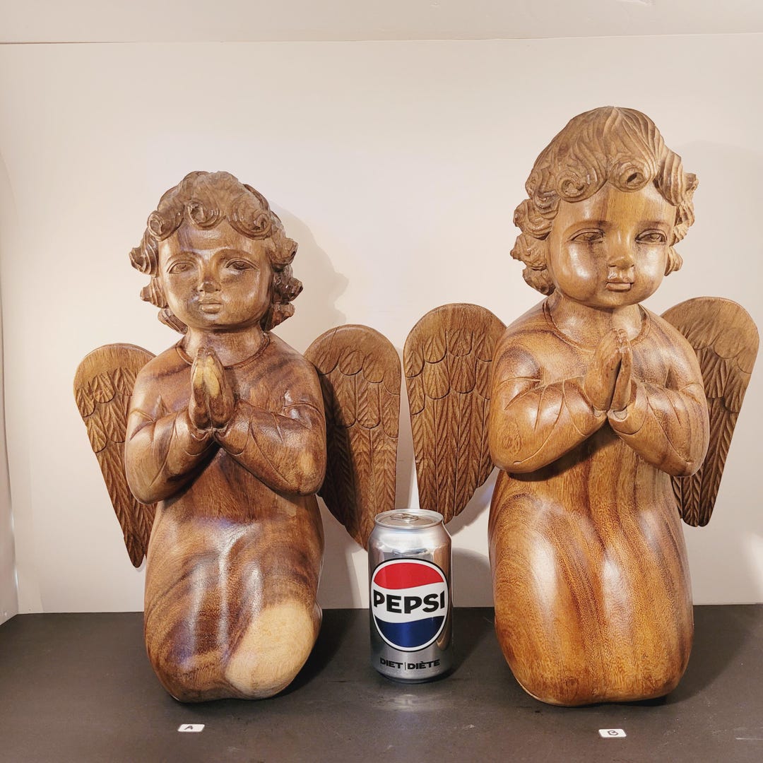 Vintage 16-1/2 Inch Tall Praying Angel Kneeling - Solid Carved Wood ...