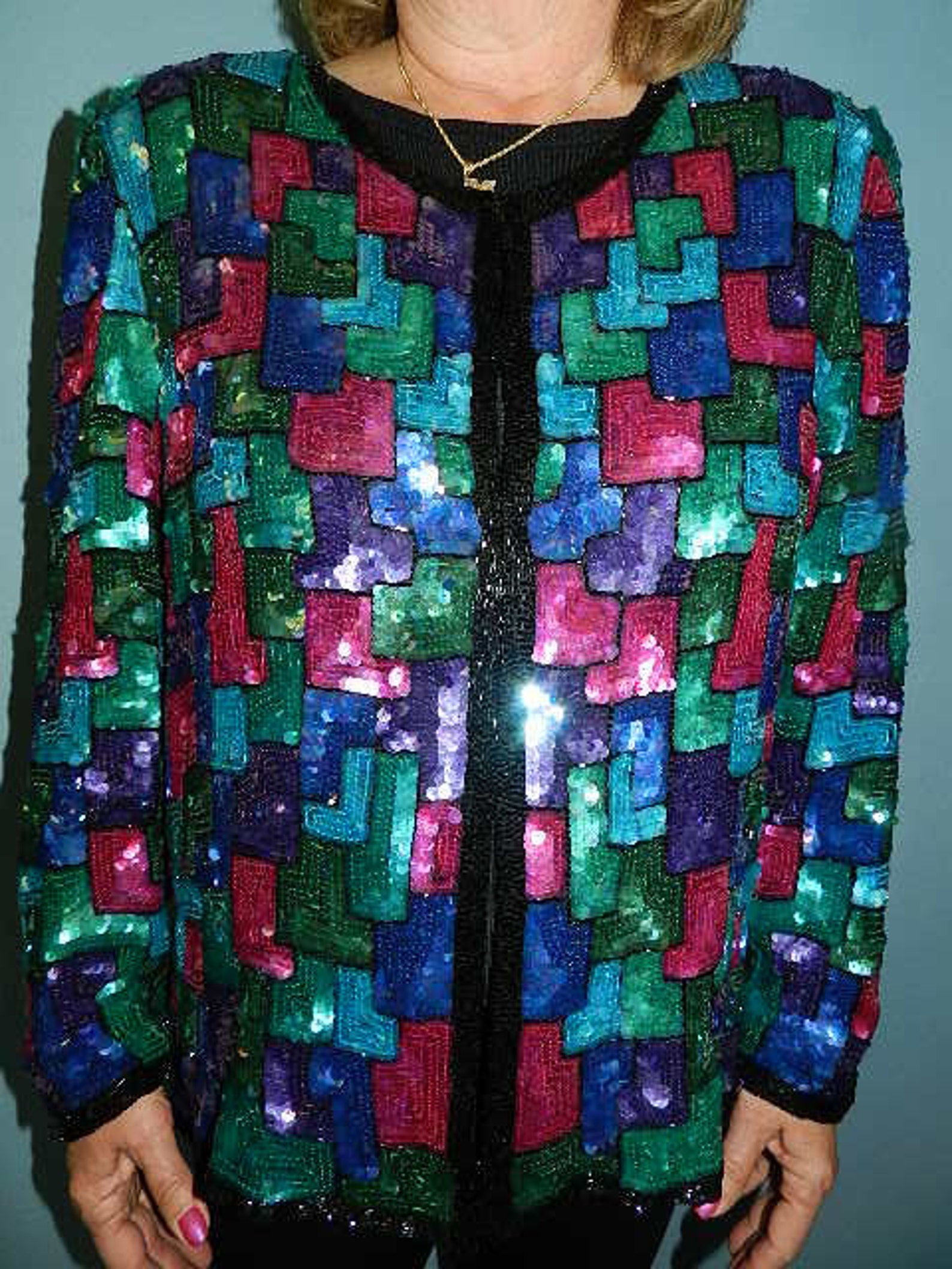 Retro Vintage Plus Sequined Silk Evening Jacket in Geometric Multicolor ...