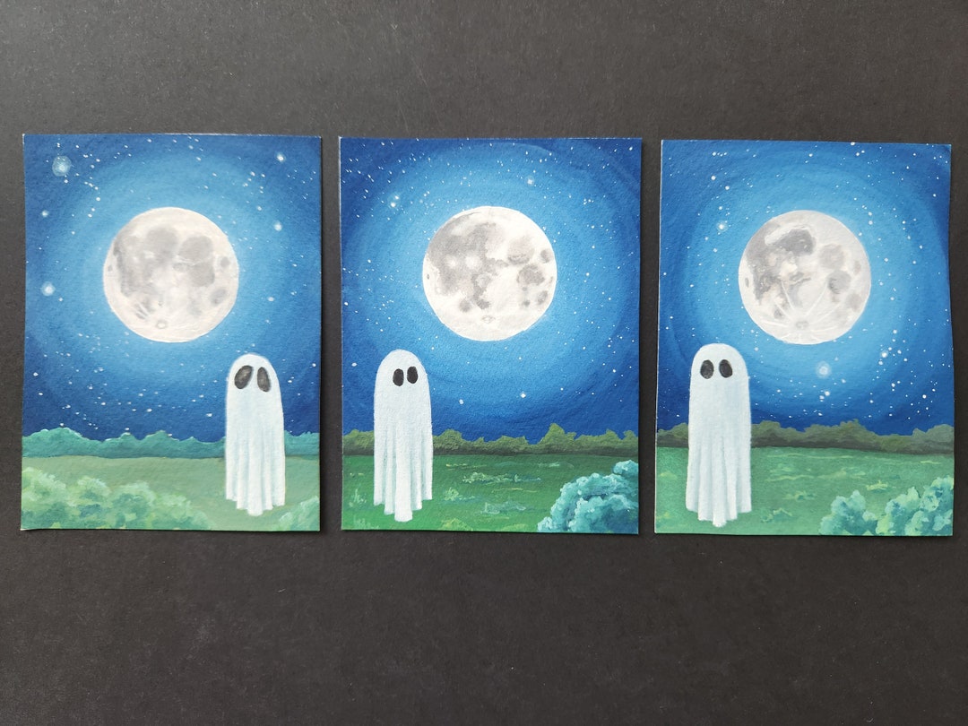Original Art// Mini Painting, Full Moon Ghost in a Field, Cute Spooky ...