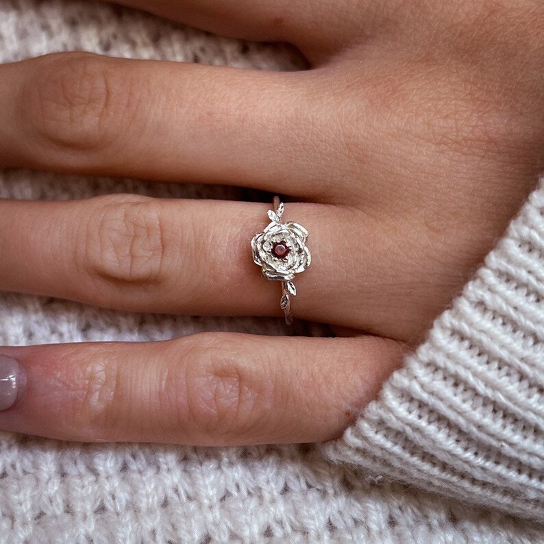 Carnation Ring January Birth Flower Ring Garnet 14k Solid - Etsy