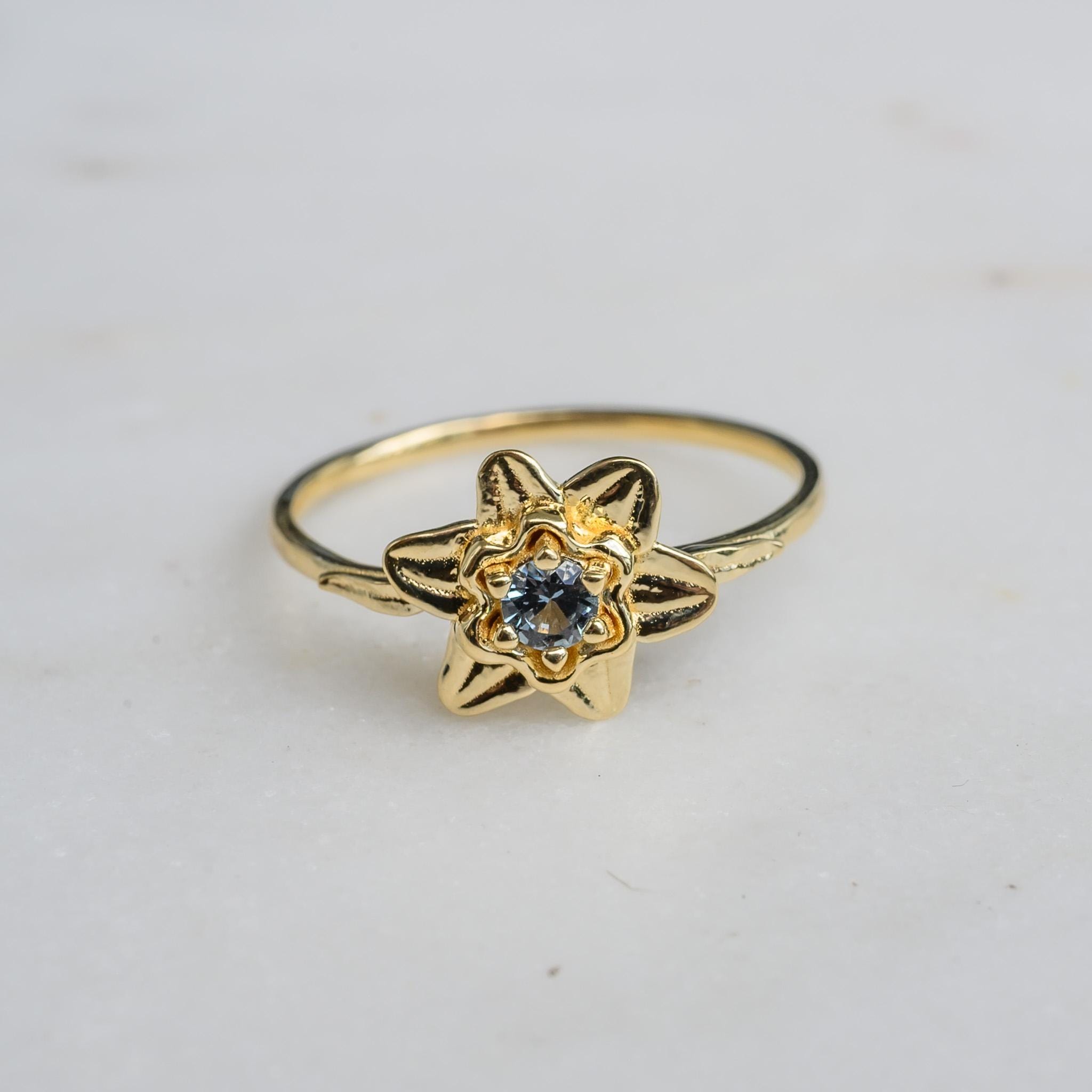 14K Vermeil or Solid Silver Daffodil Ring • Aquamarine March Birth ...
