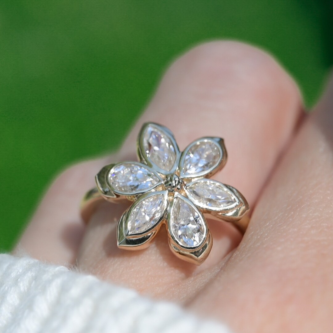 Moissanite Daisy Flower Engagement Ring 6 Marquises And Pear Shaped