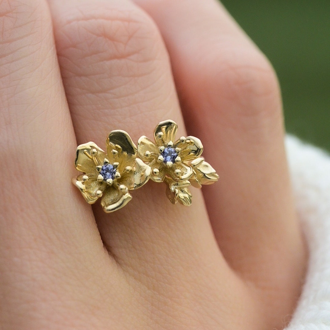 Cherry Blossom Ring in Solid 14k Gold With 2mm Genuine Blue - Etsy