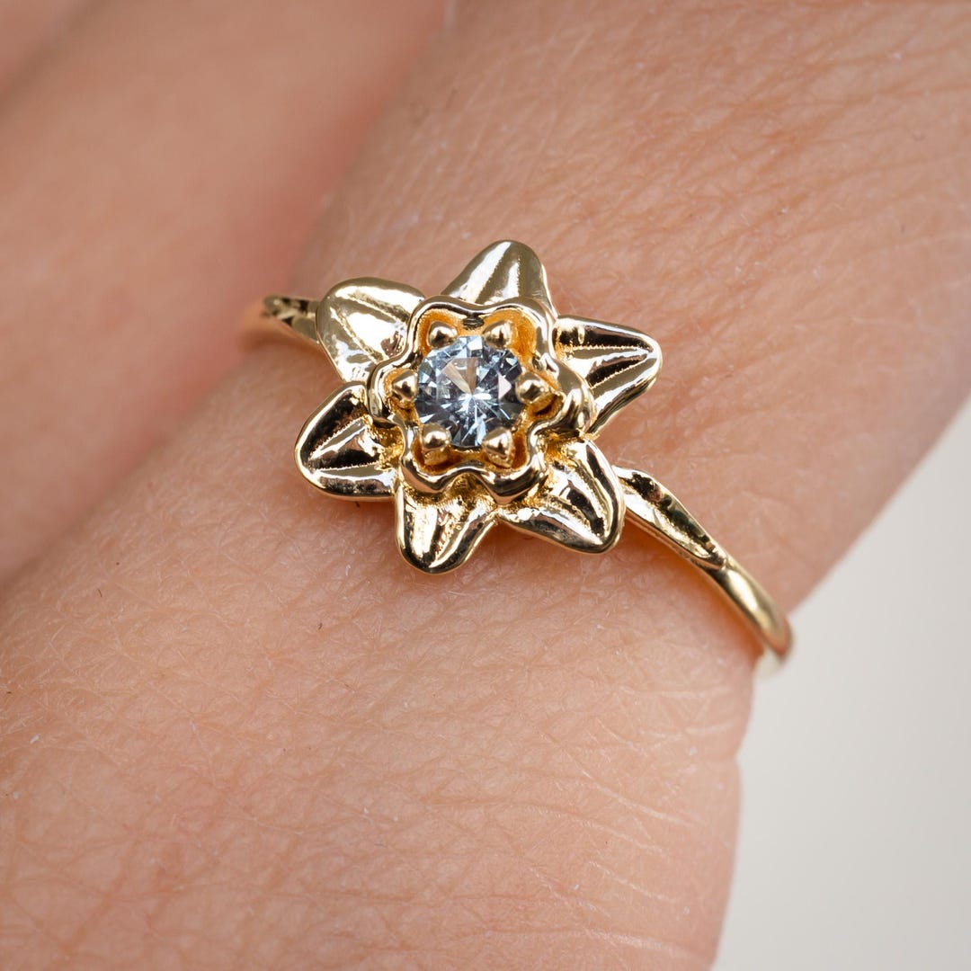 14K Vermeil or Solid Silver Daffodil Ring • Aquamarine March Birth ...