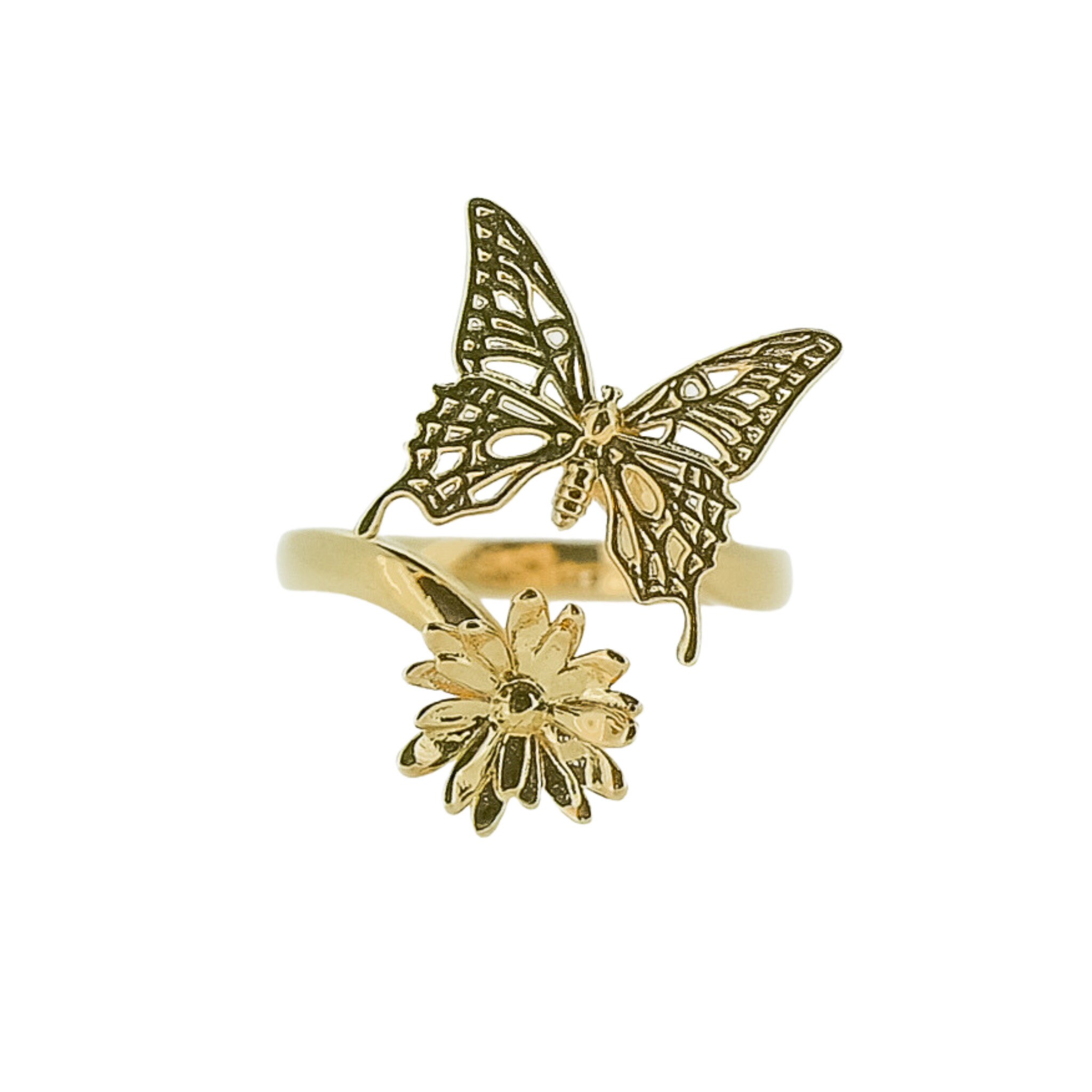 Butterfly and Daisy Flower Ring, Adjustable Ring, in Solid Silver, 14K ...