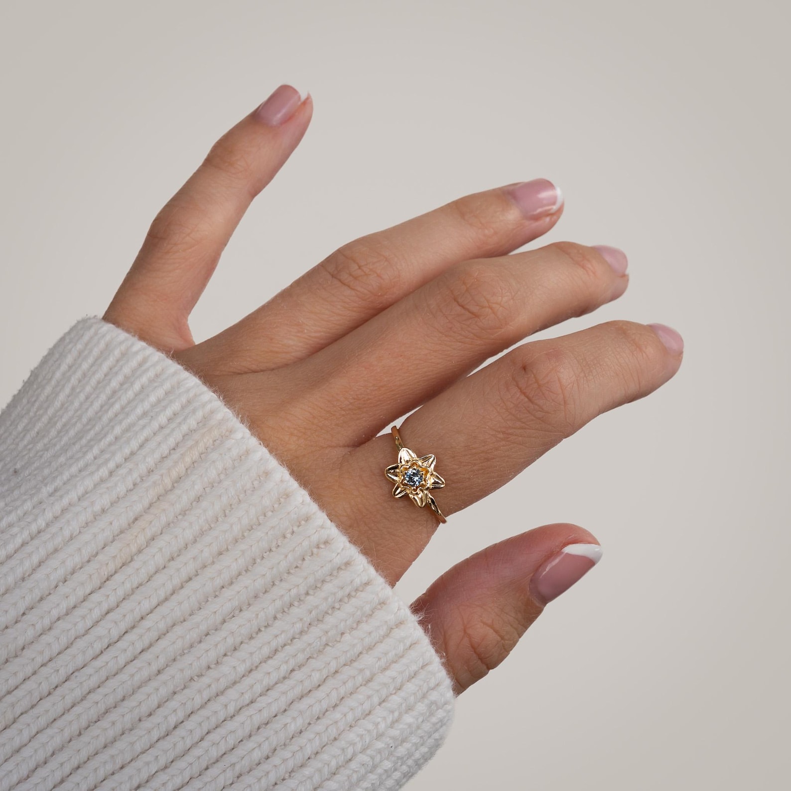 14K Vermeil or Solid Silver Daffodil Ring • Aquamarine March Birth ...