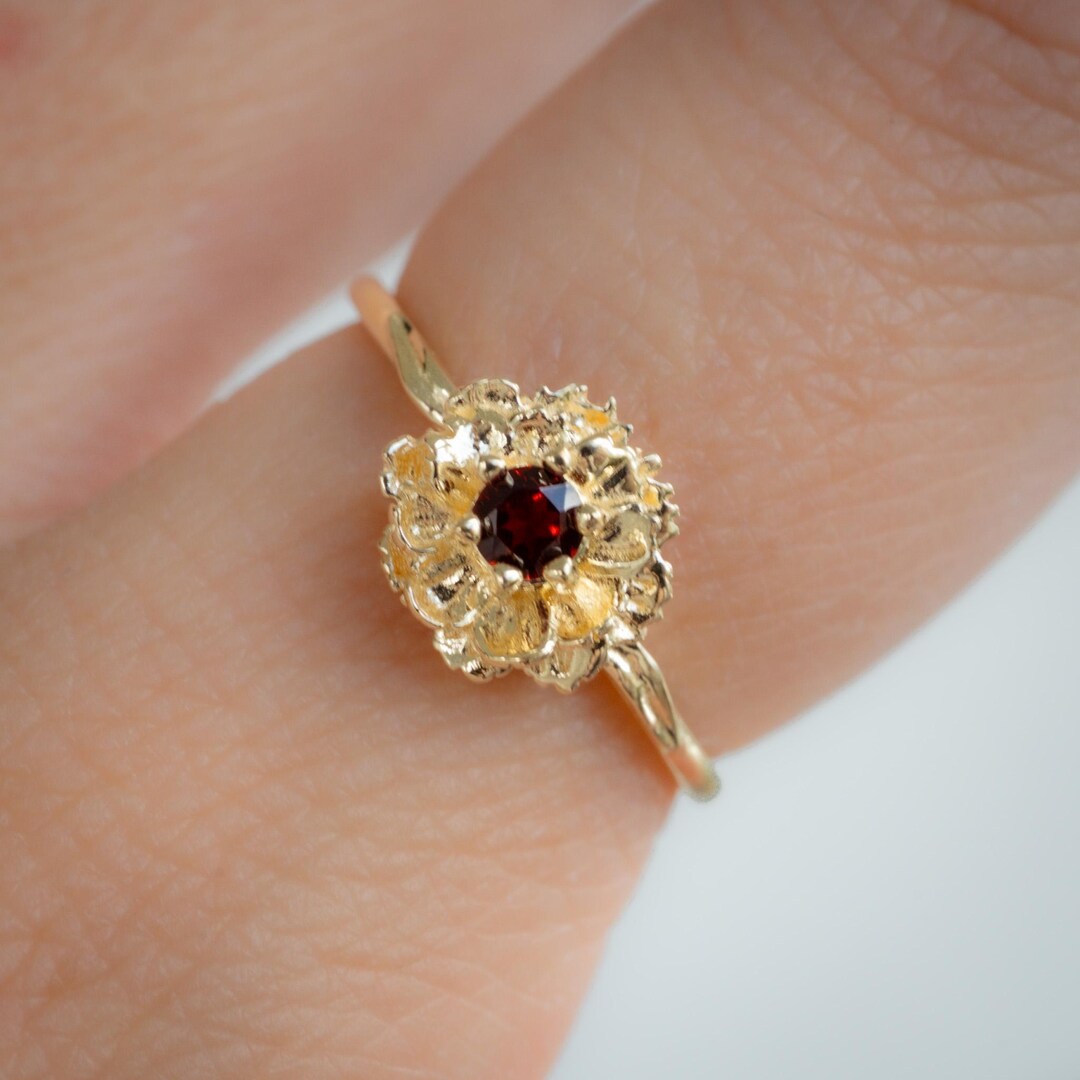 Carnation Flower Ring: Garnet Birthstone, 14k Gold Plate, Vermeil, or ...
