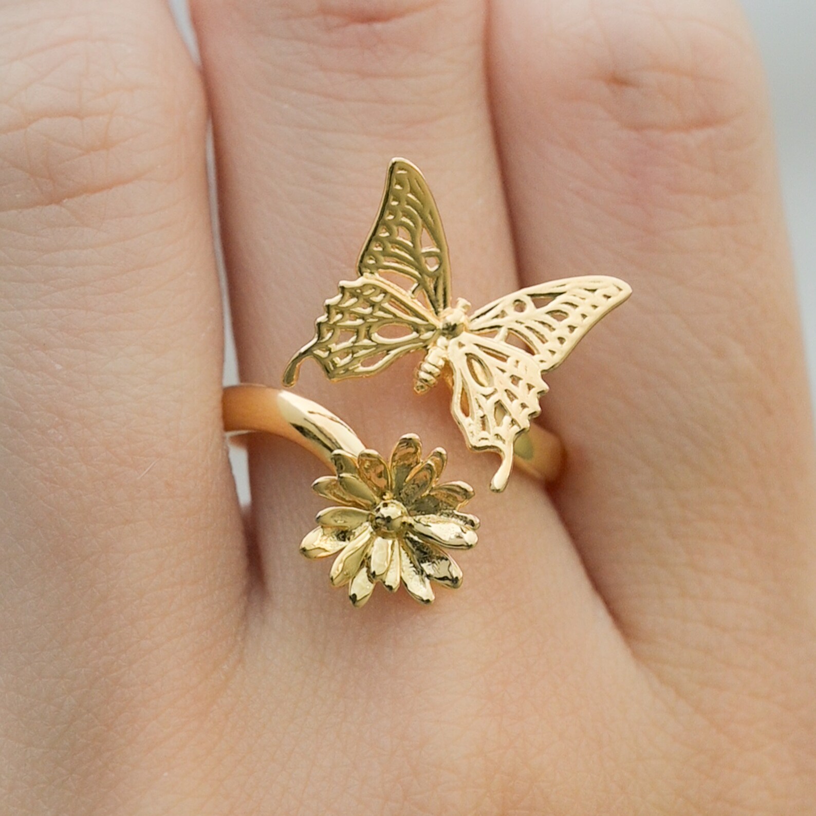 Butterfly and Daisy Flower Ring, Adjustable Ring, in Solid Silver, 14K ...