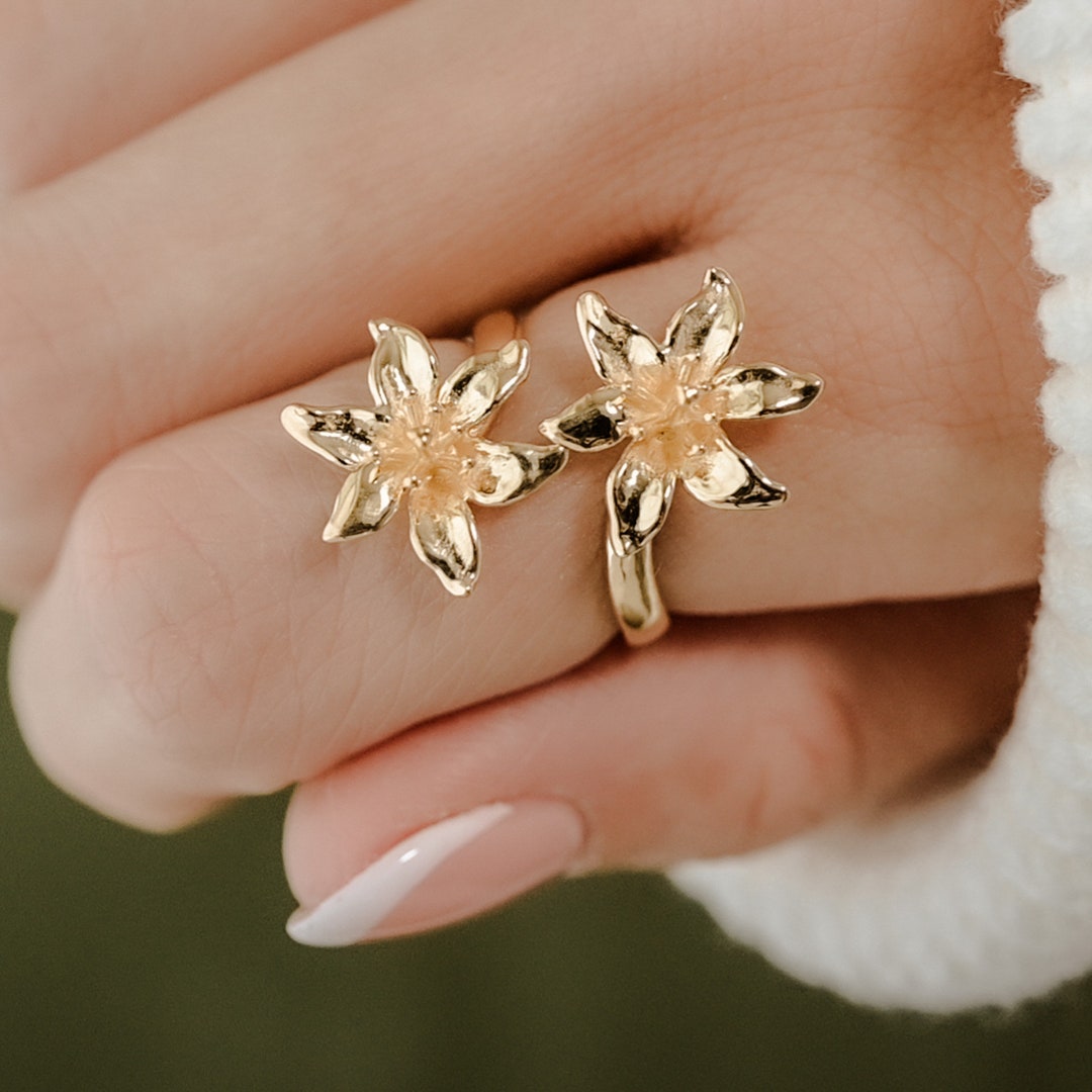 Lily Flower Ring, Adjustable Statment Ring in Sterling Silver or 14K ...