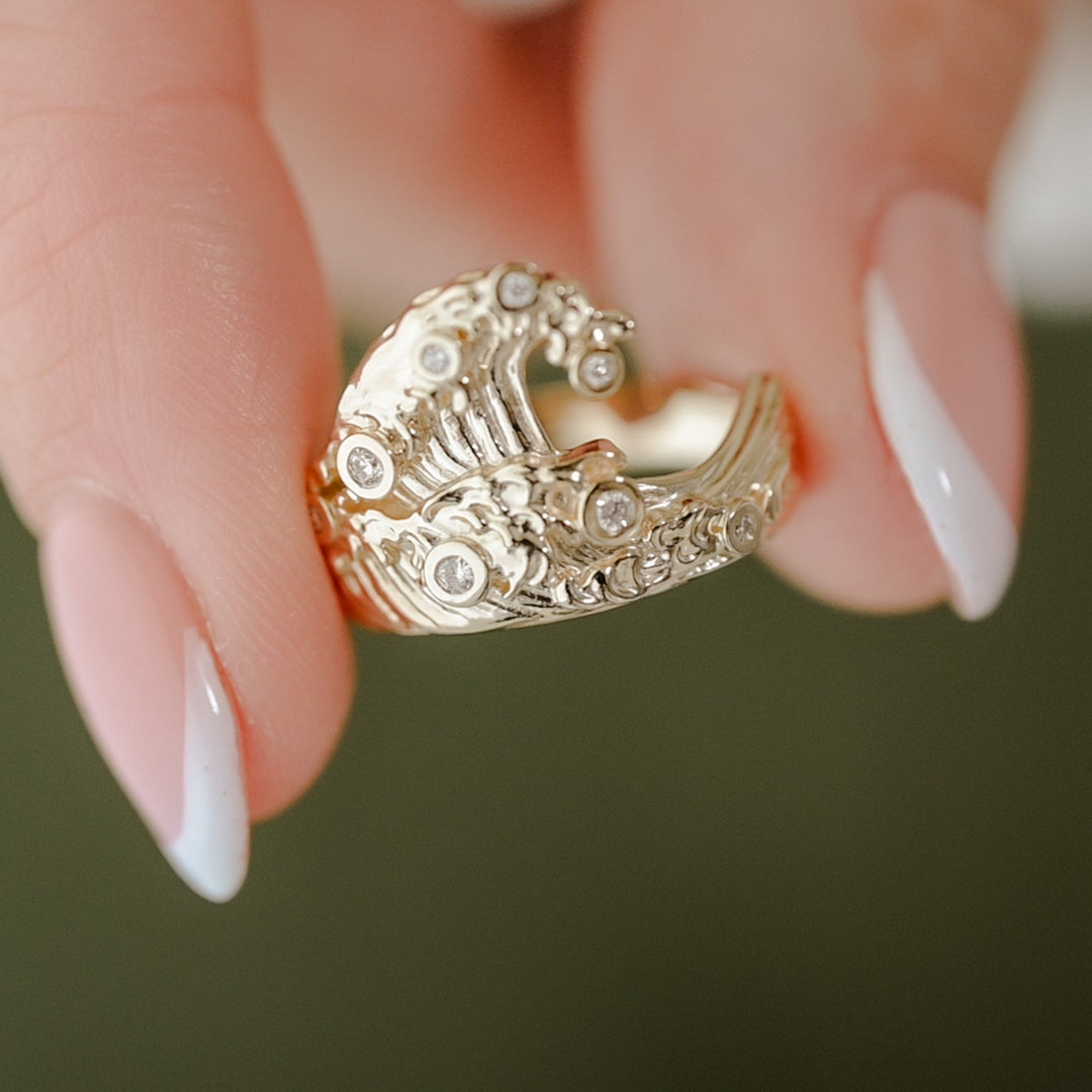 Diamond Ocean Wave Ring in Solid 14K Yellow Gold, White Gold, Rose Gold ...