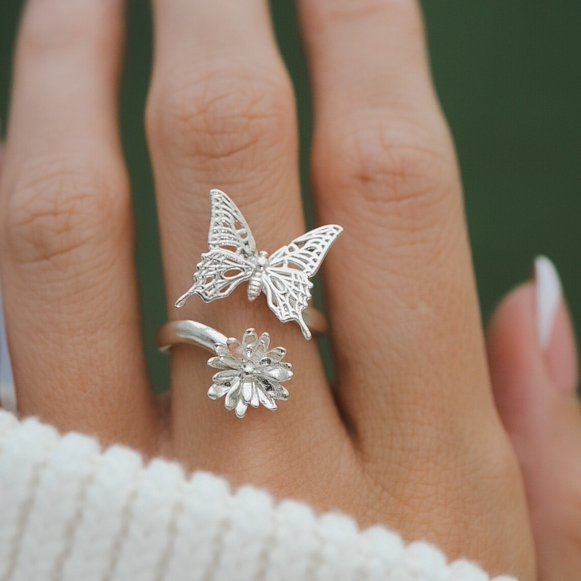 Butterfly and Daisy Flower Ring, Adjustable Ring, in Solid Silver, 14K ...