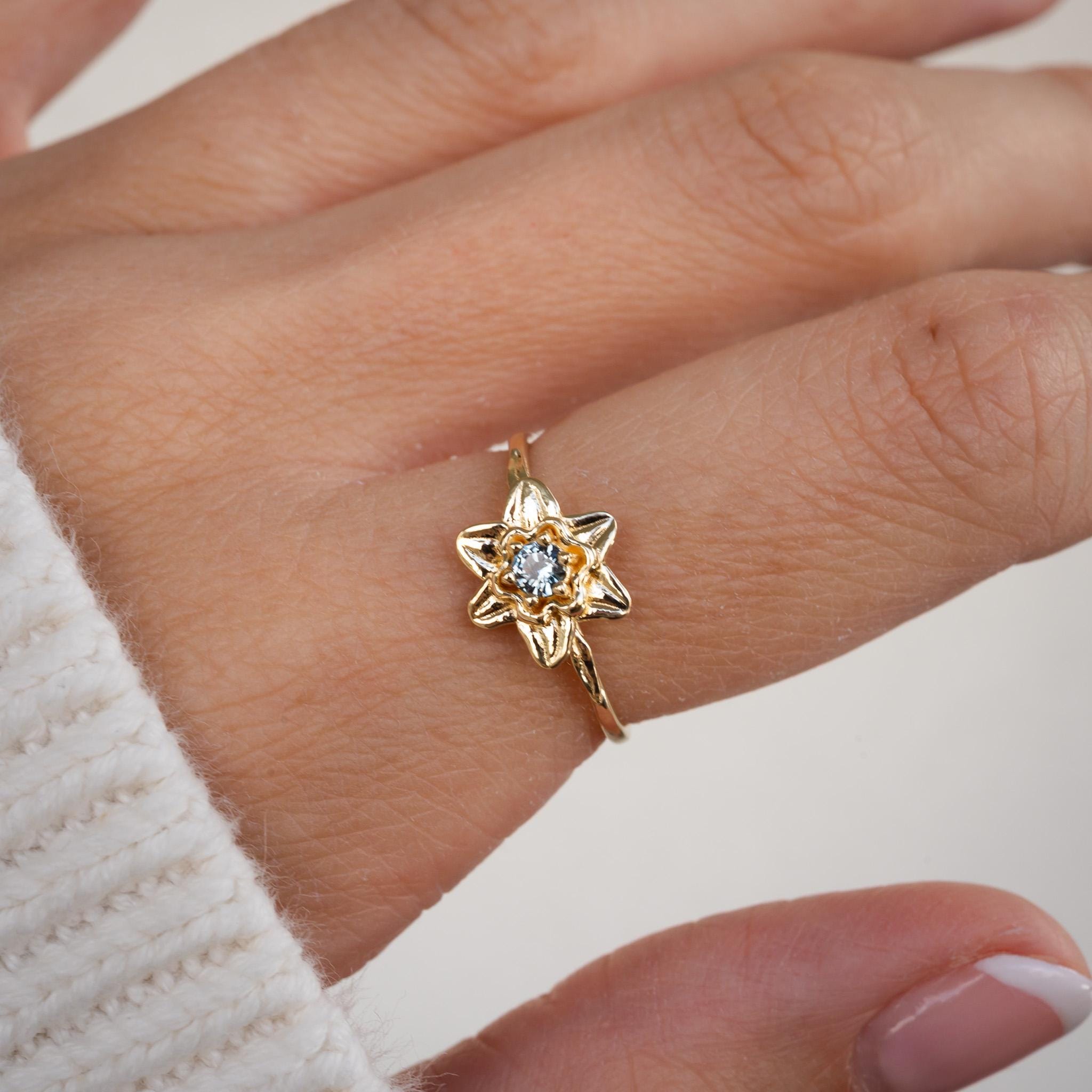14K Vermeil or Solid Silver Daffodil Ring • Aquamarine March Birth ...