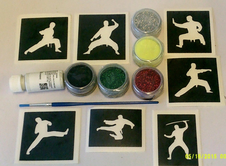 Martial Arts Glitter Tattoo Set Inc Stencils Glue Glitter Karate Akido ...