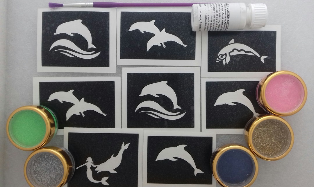 Dolphin Themed Glitter Tattoo Set Including 30 Stencils + 5 Colors ...
