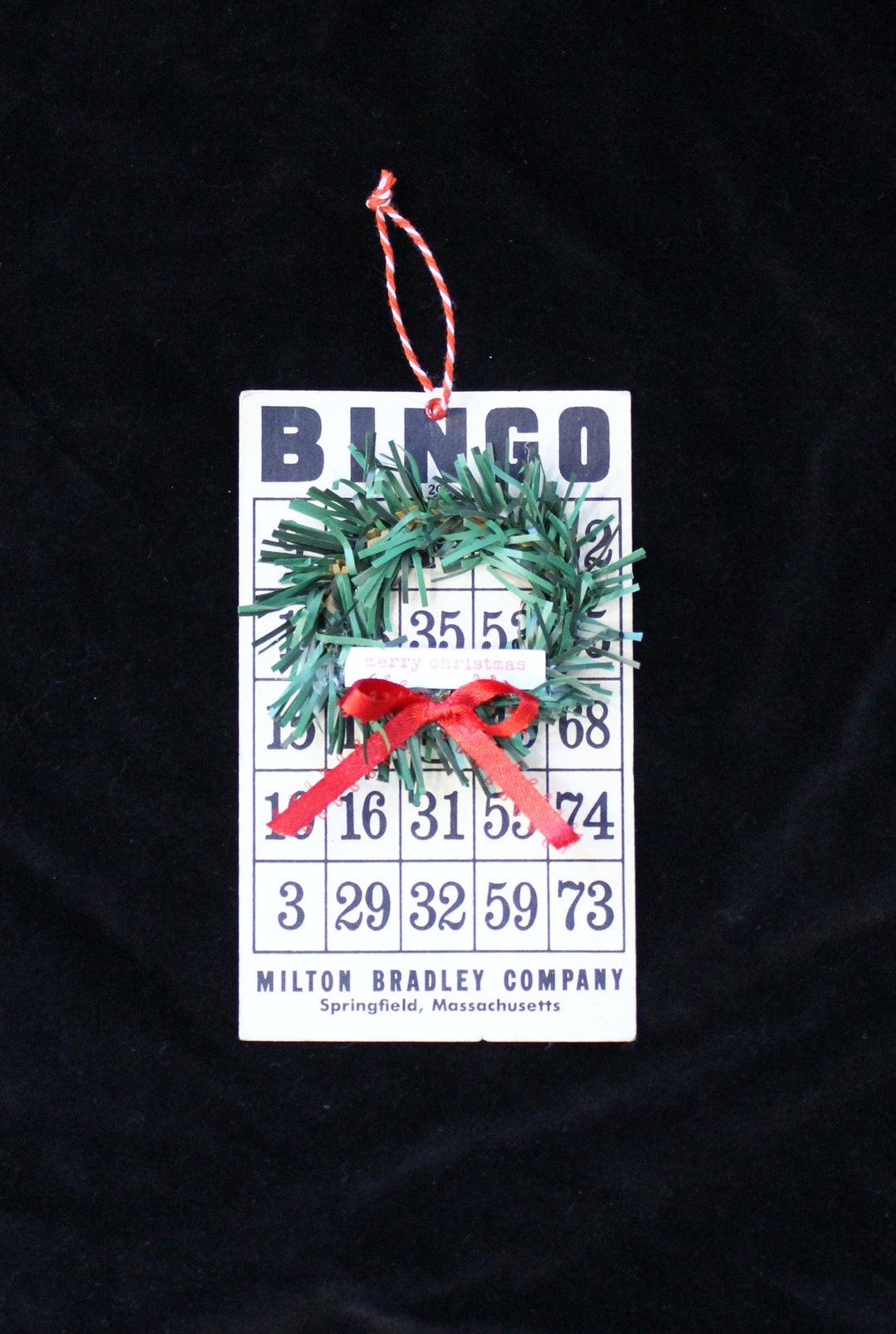 BINGO Card Vintage Art Ornament Wreath Merry Christmas Board Game Chip ...