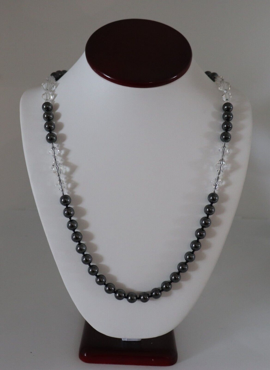 Vintage 14k Solid Gold Real Hematite Beads Crystal Bicone Long Necklace ...