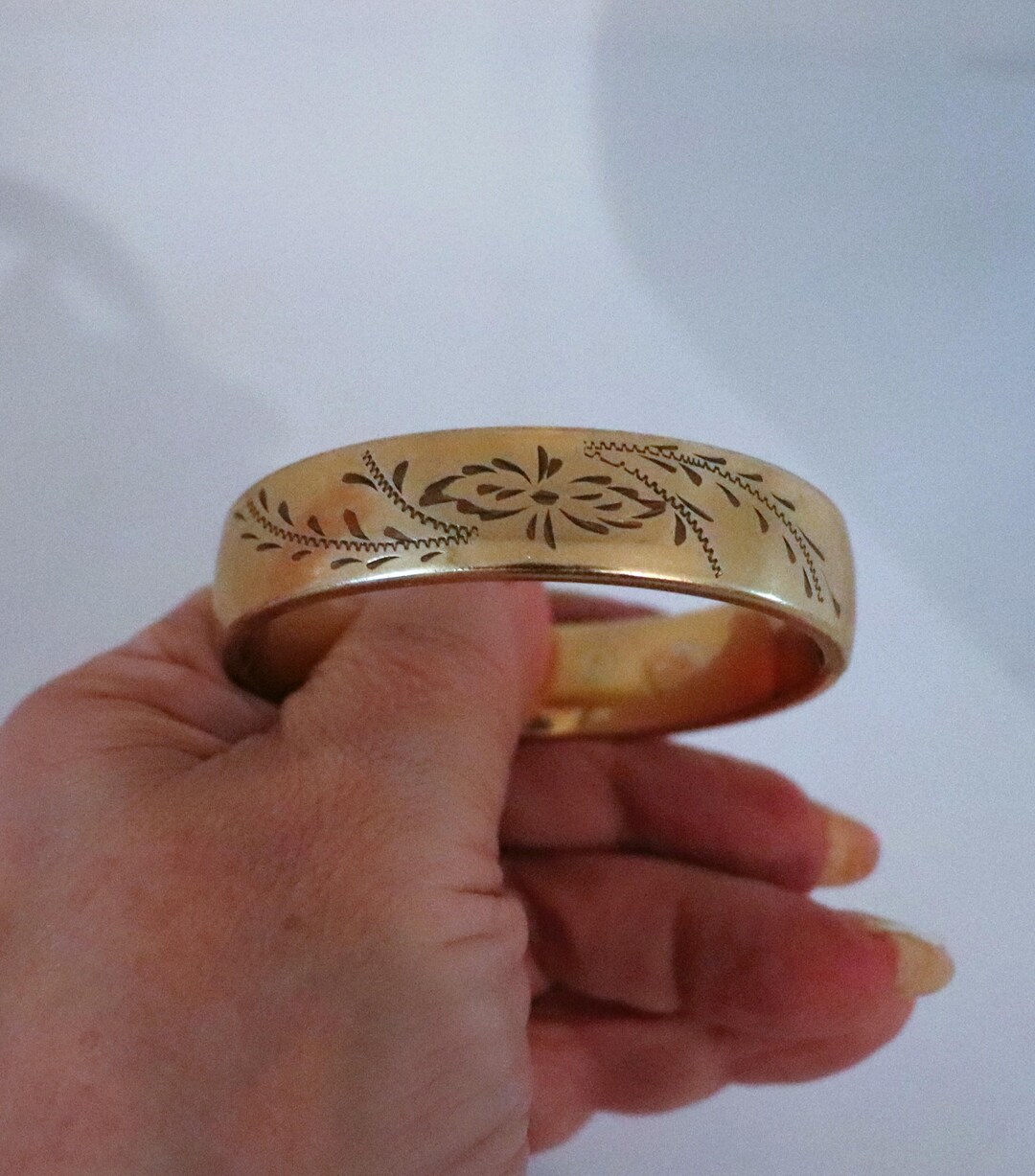 Vintage C1950s 12k Gold Filled Wide Etched Bangle Bracelet Signed ...