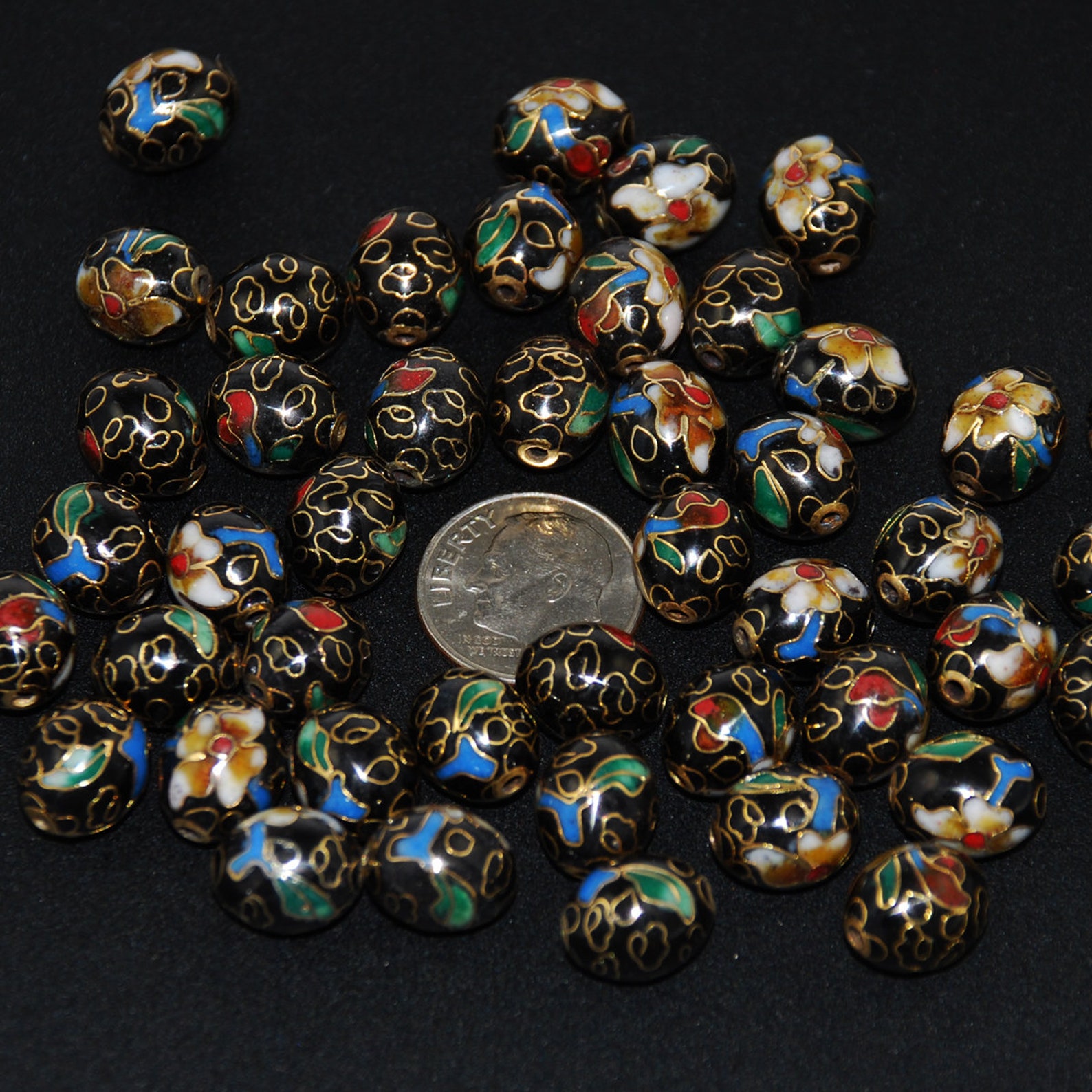 Black Cloisonne Fat Oval Beads Chinese 10 X 11mm 6 Vintage Flowers - Etsy