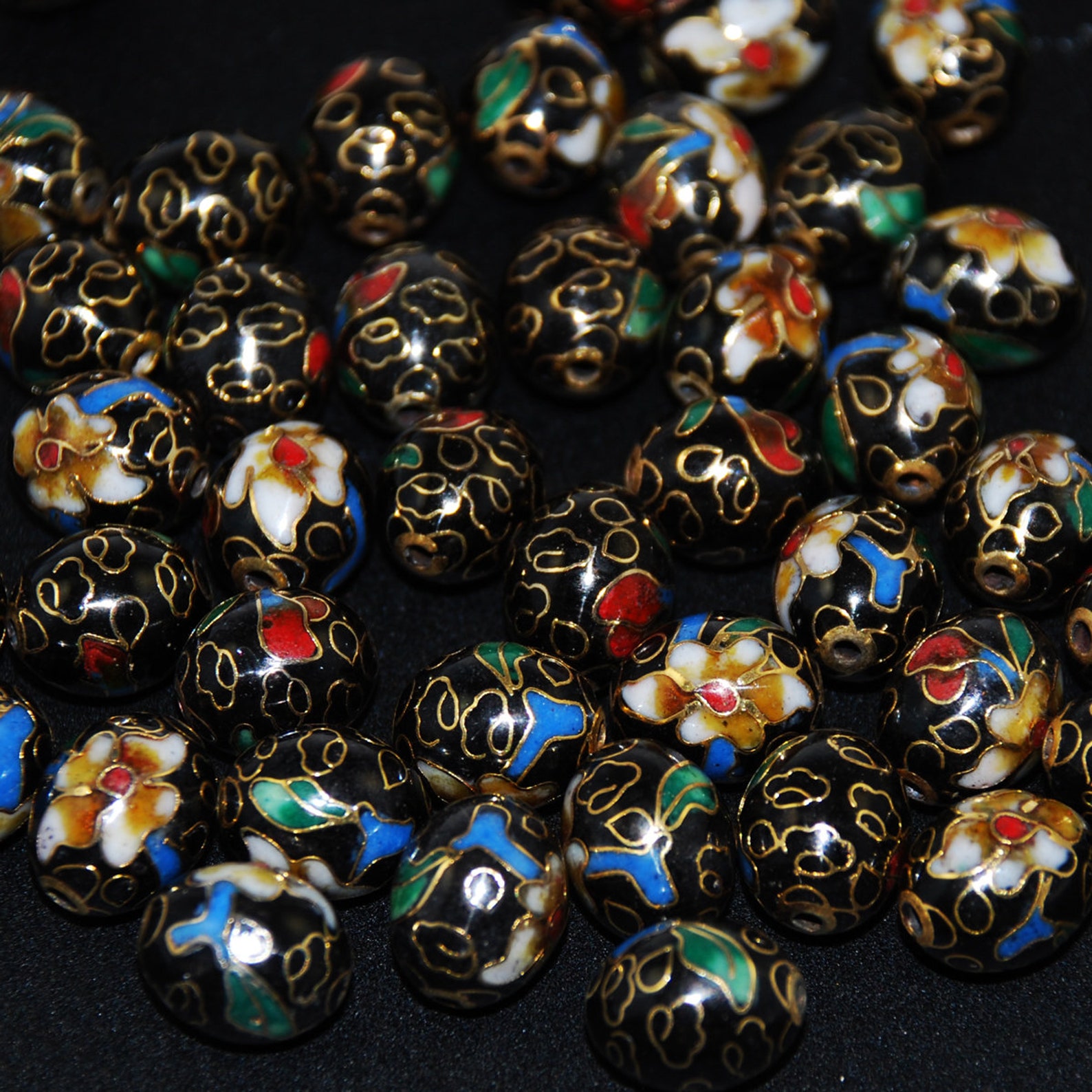 Black Cloisonne Fat Oval Beads Chinese 10 X 11mm 6 Vintage Flowers - Etsy