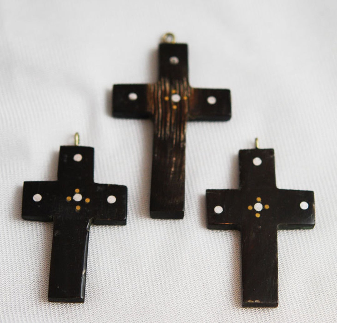 Black Horn Cross Pendant Silver Inlay - Unisex Natural Buffalo Horn ...