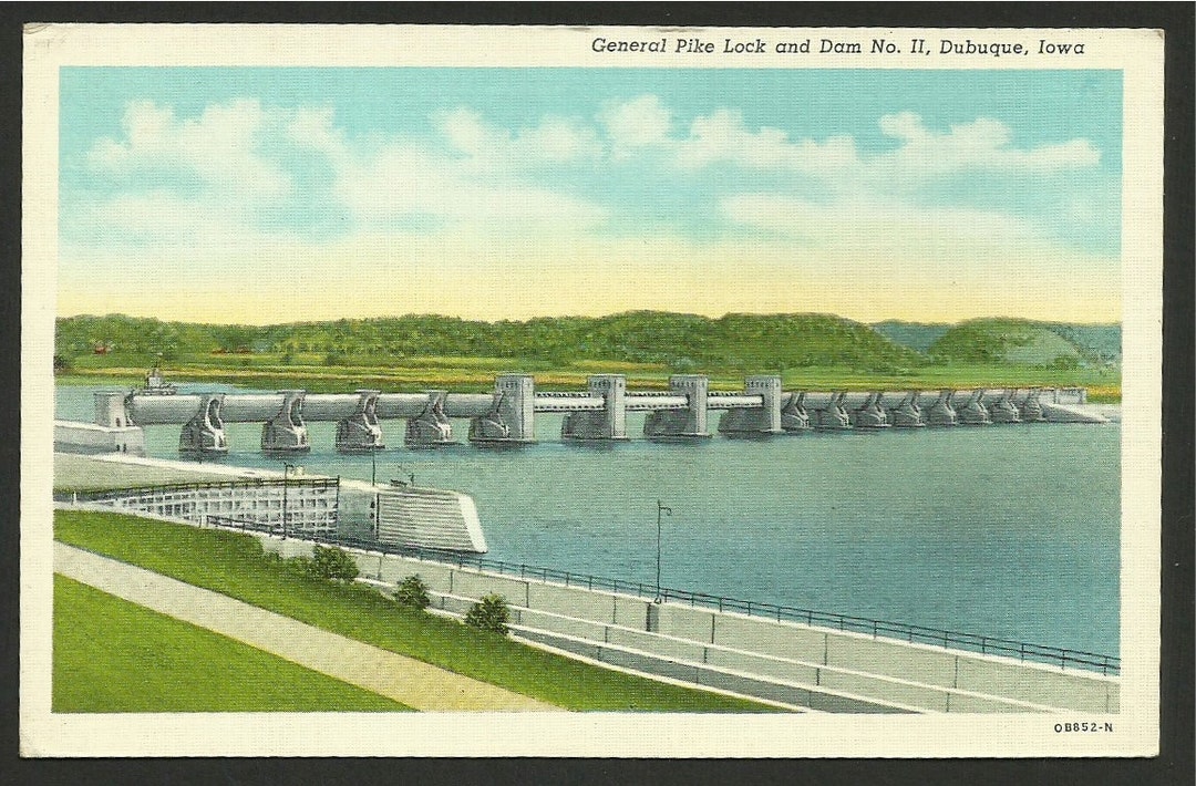 Vintage Linen Postcard - General Pike Lock and Dam No. 11, Dubuque ...